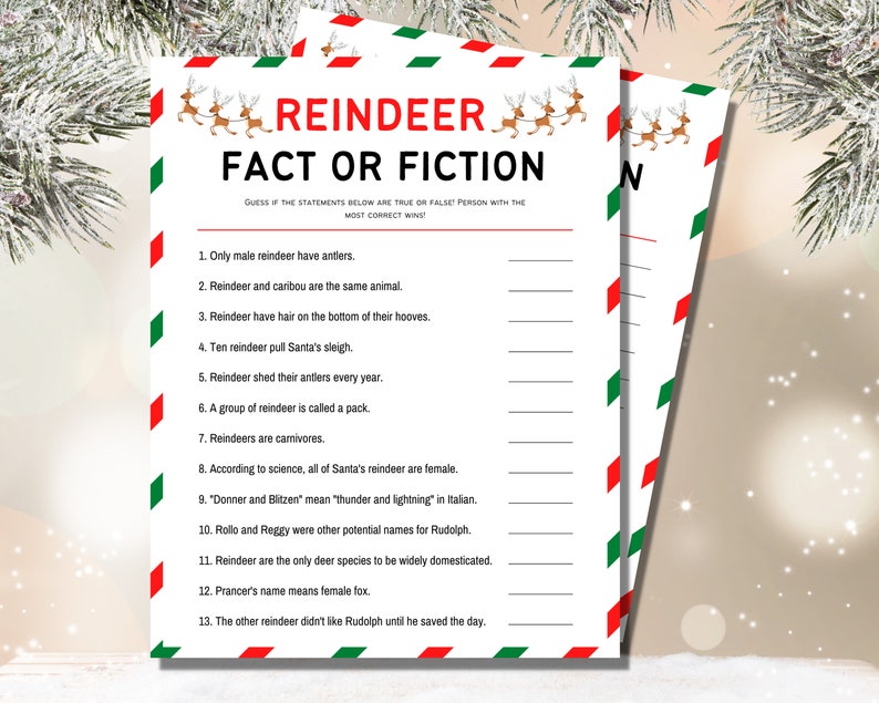 Christmas Printable Reindeer Fact or Fiction Party Game, Family ...