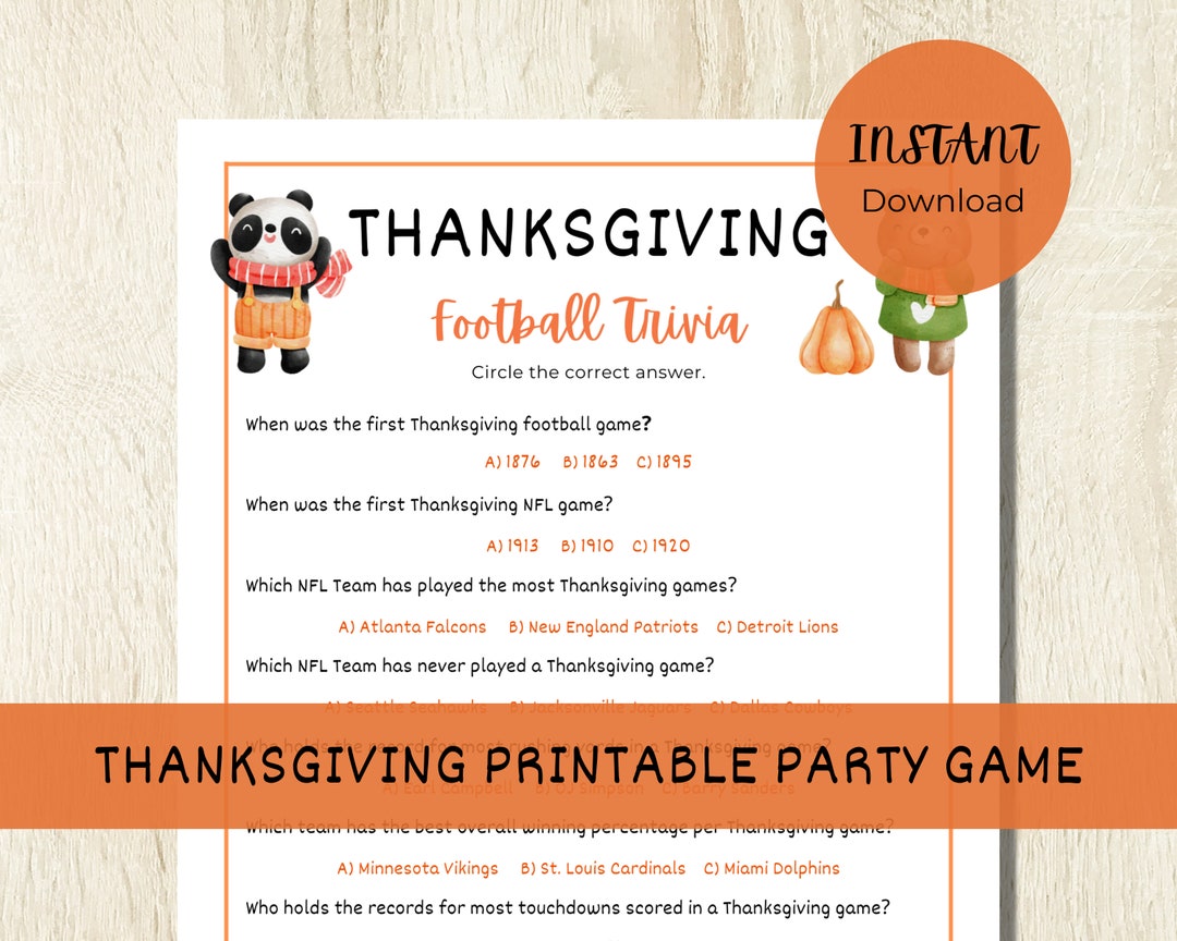 Football Trivia Thanksgiving Printable Party Game, Thanksgiving Trivia ...