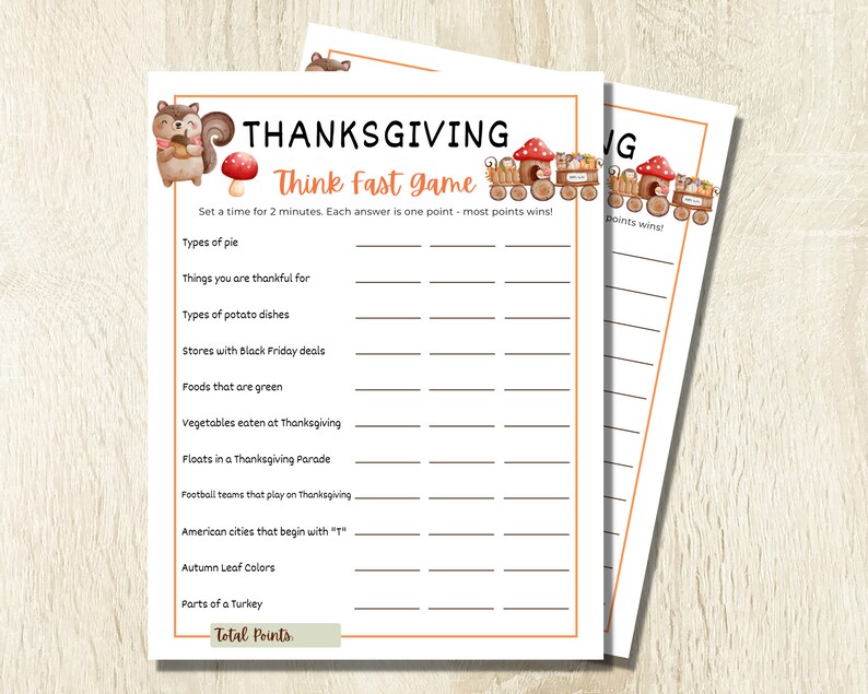 Think Fast Thanksgiving Printable Party Game, Thanksgiving Trivia Game ...