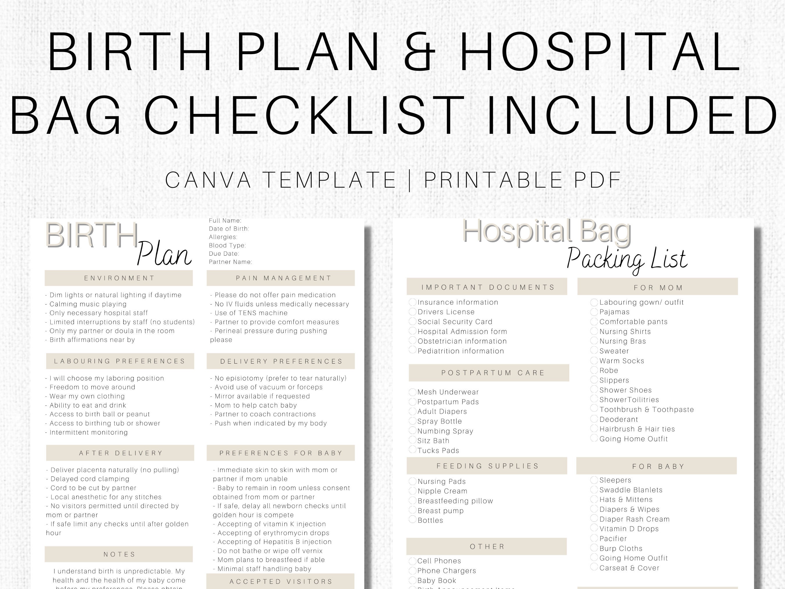Editable Birth Plan Template Simple Printable Birthing Plan - Etsy