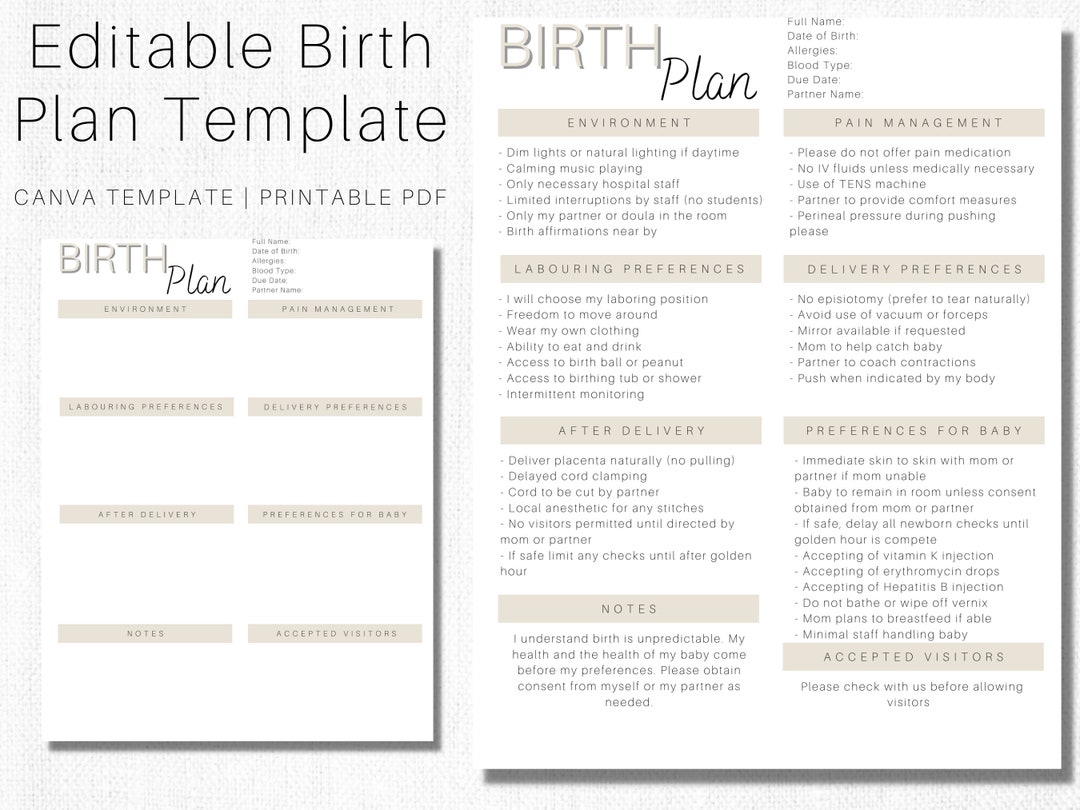 Editable Birth Plan Template Simple Printable Birthing Plan - Etsy ...