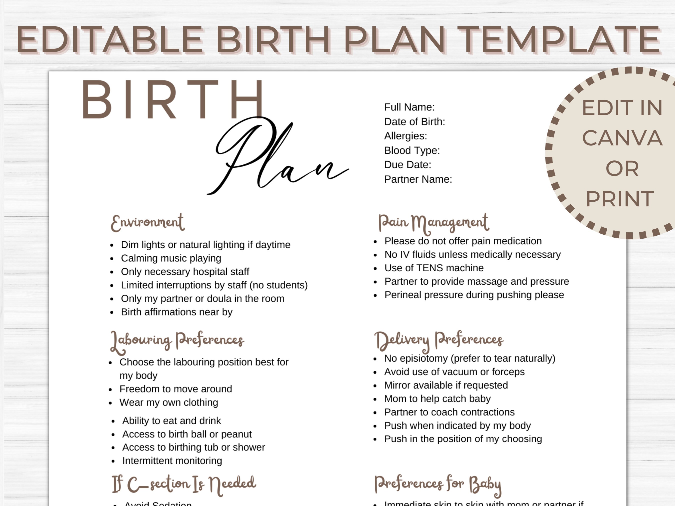 Editable Birth Plan Template printable Birthing Plan Labour - Etsy Hong ...