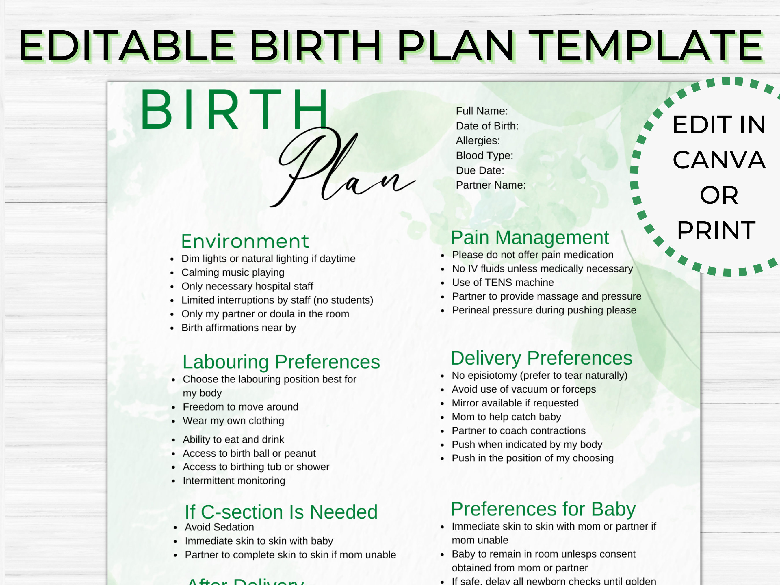 Editable Birth Plan Template Printable Birthing Plan - Etsy Editable Birth Plan Template Printable Birthing Plan - Etsy