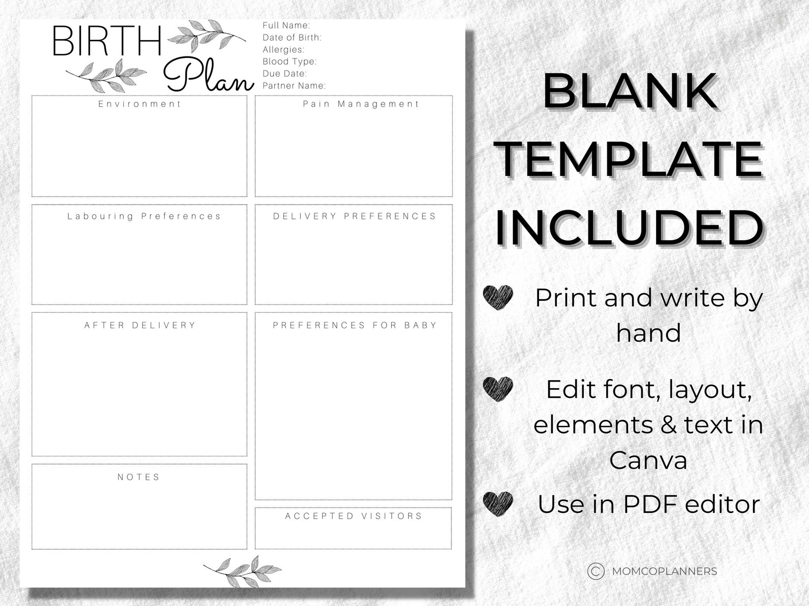 editable-birth-plan-template-simple-printable-birthing-plan-etsy