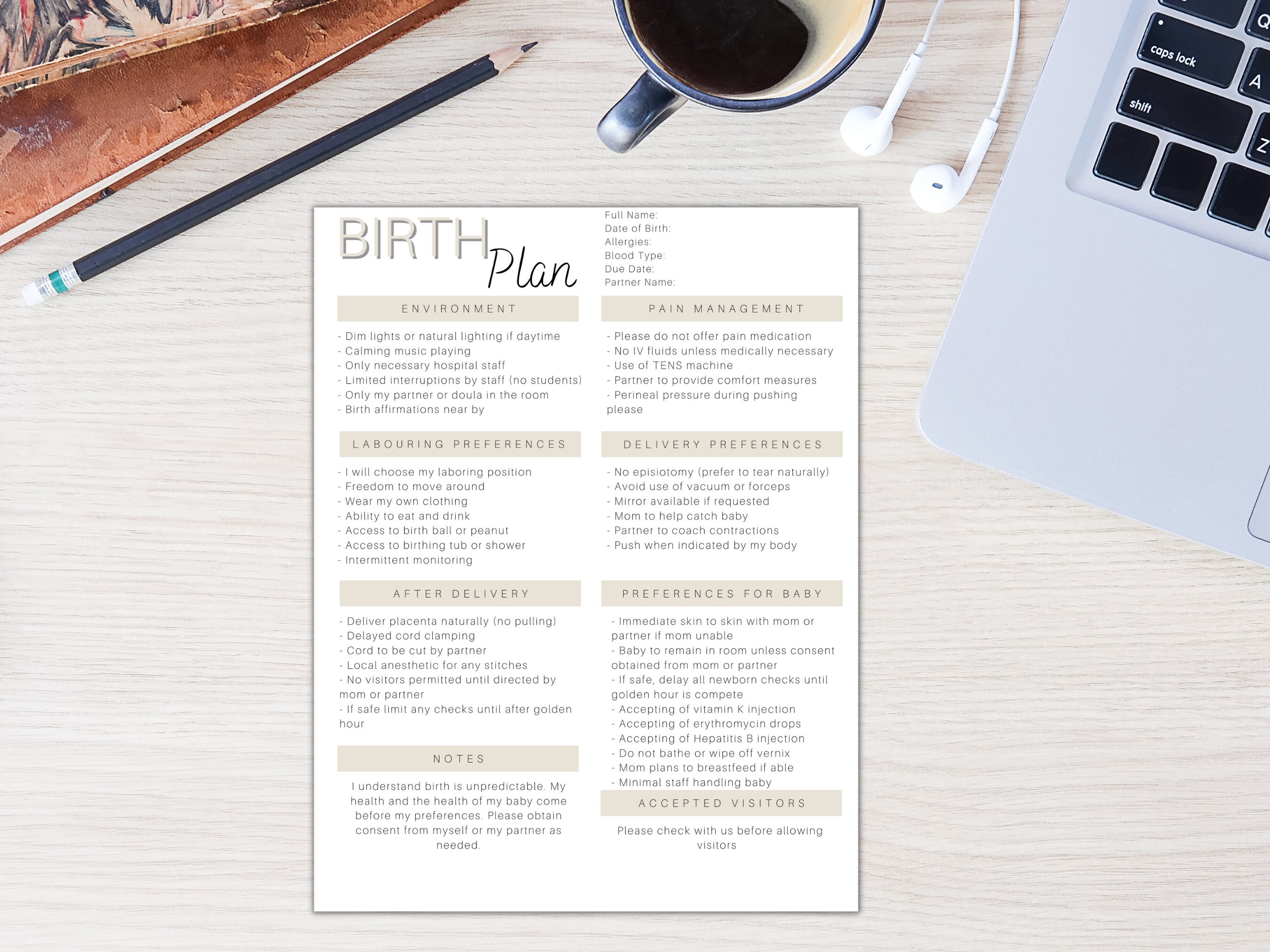 Editable Birth Plan Template Simple Printable Birthing Plan - Etsy