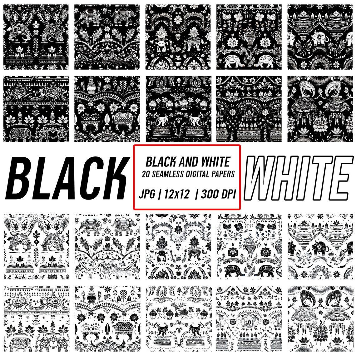 Black and White, BW Floral Seamless Repeat Pattern, Backgrounds ...