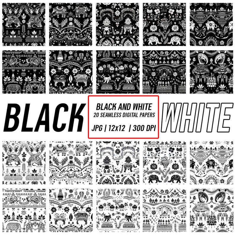 Black and White, BW Floral Seamless Repeat Pattern, Backgrounds ...