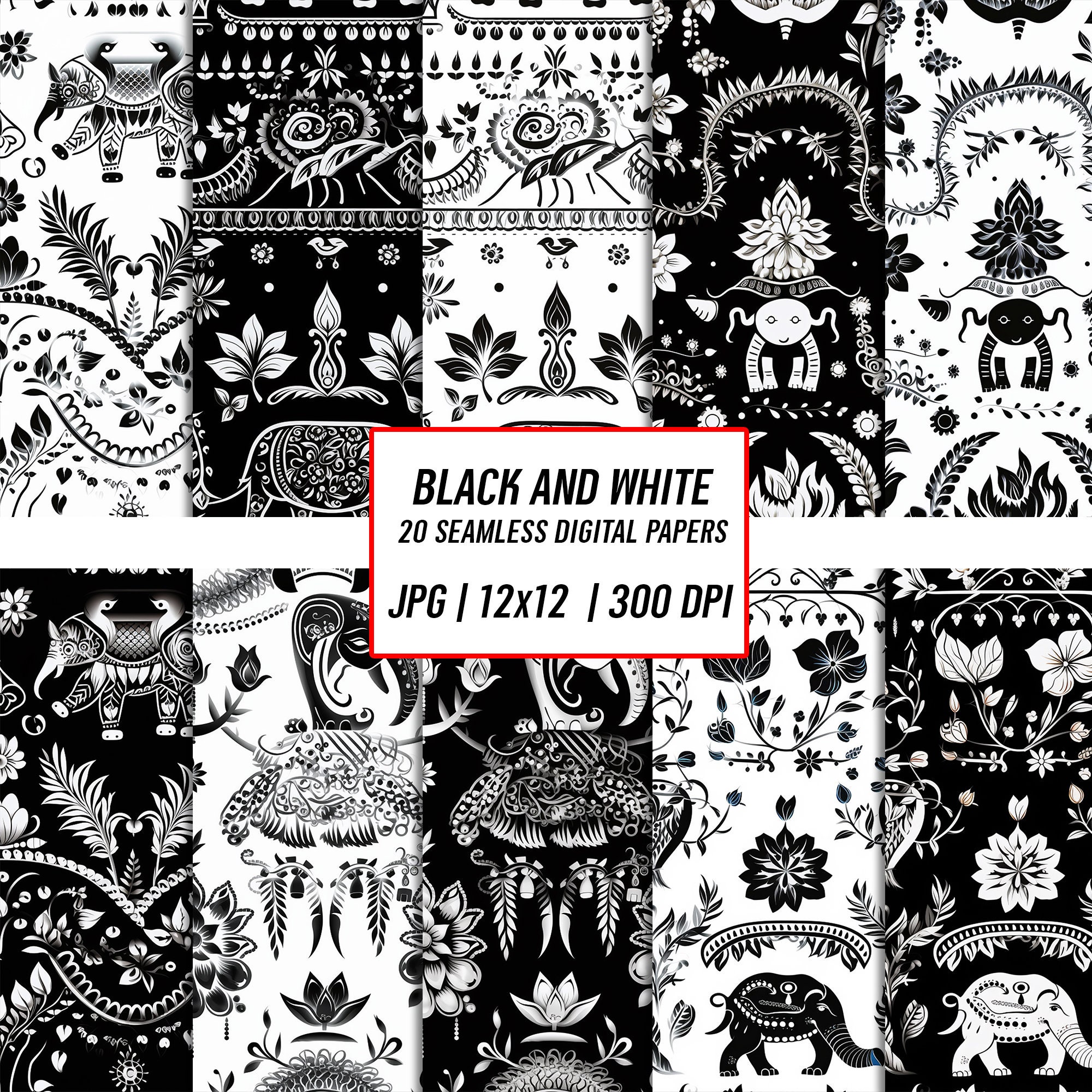 Black and White, BW Floral Seamless Repeat Pattern, Backgrounds ...