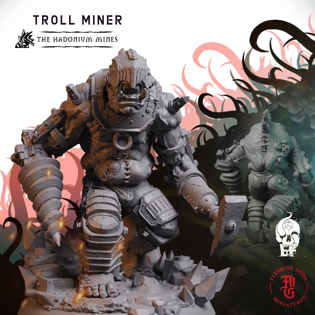 Troll Miner | 3D Printed Fantasy Tabletop Miniature - 28MM - 54MM ...