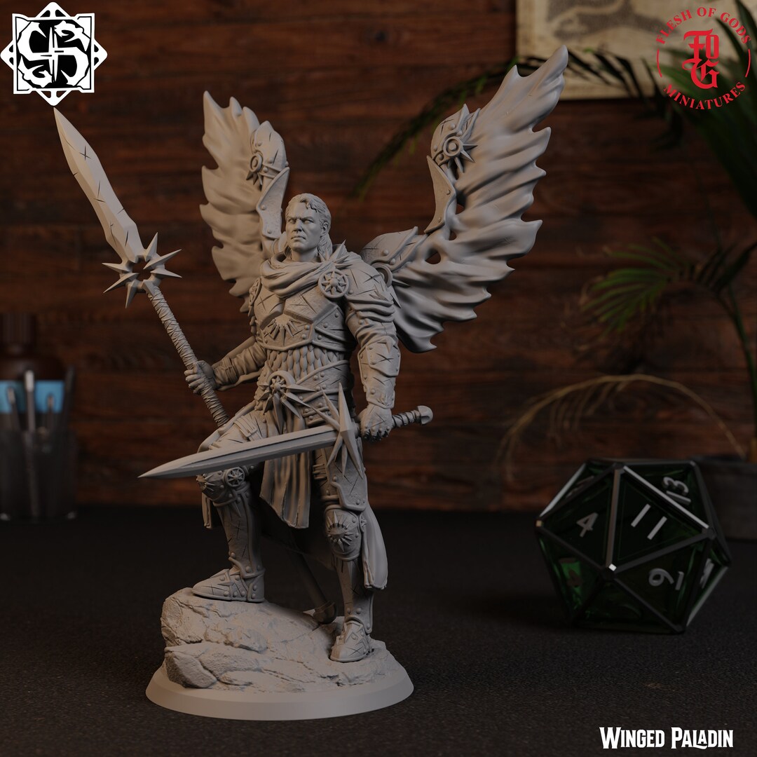 Winged Paladin Fantasy Tabletop Miniature 28MM 100MM Dungeons and ...