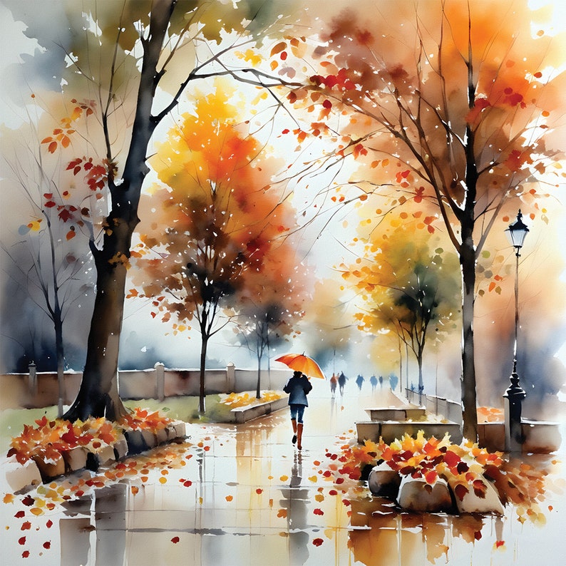 Watercolor Painting, Autumn, Rainy Day, Street, Umbrella, Home Decor ...