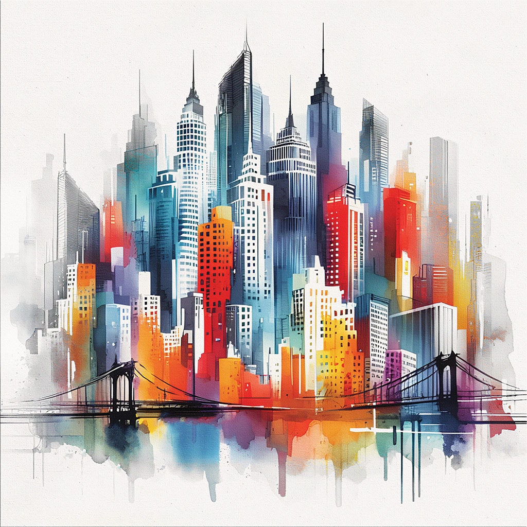 Watercolor Painting, Skyscrapers, City, Waterfront, Bridge, Abstract ...