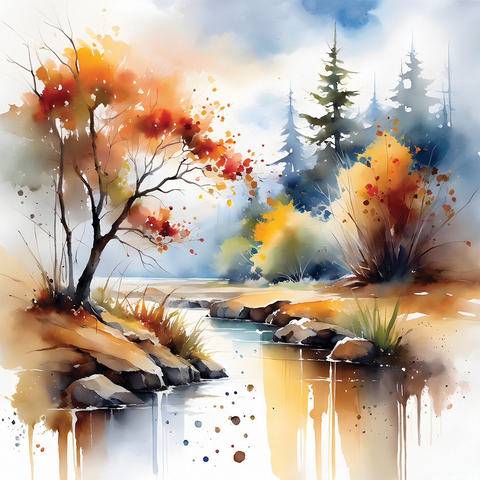 Watercolor Painting, Autumn, Brook, Nature, Landscape, Home Decor, Wall ...