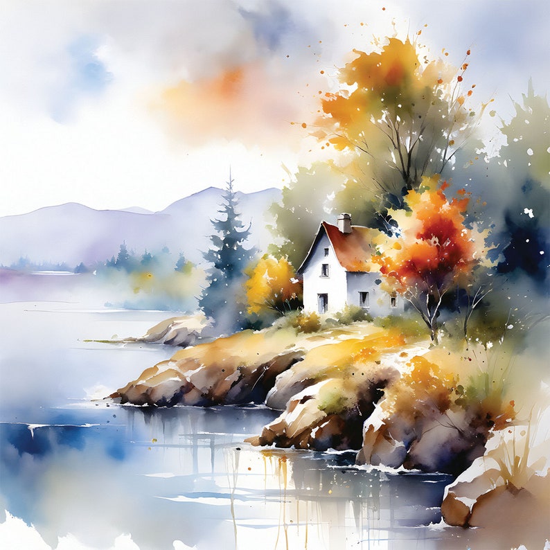 Watercolor Painting, House, Lake, Fall, Nature, Landscape, Home Decor ...