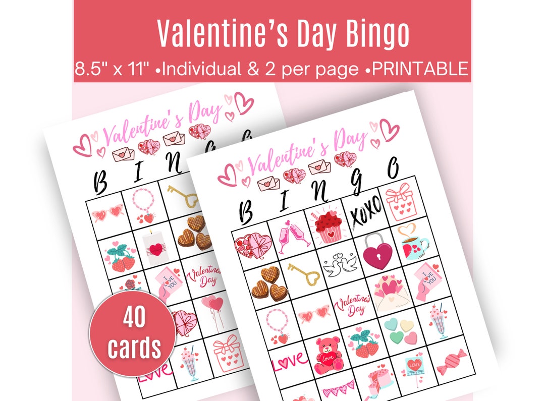 Valentine's Day Bingo 40 Unique Cards, Instant Download, Valentines ...