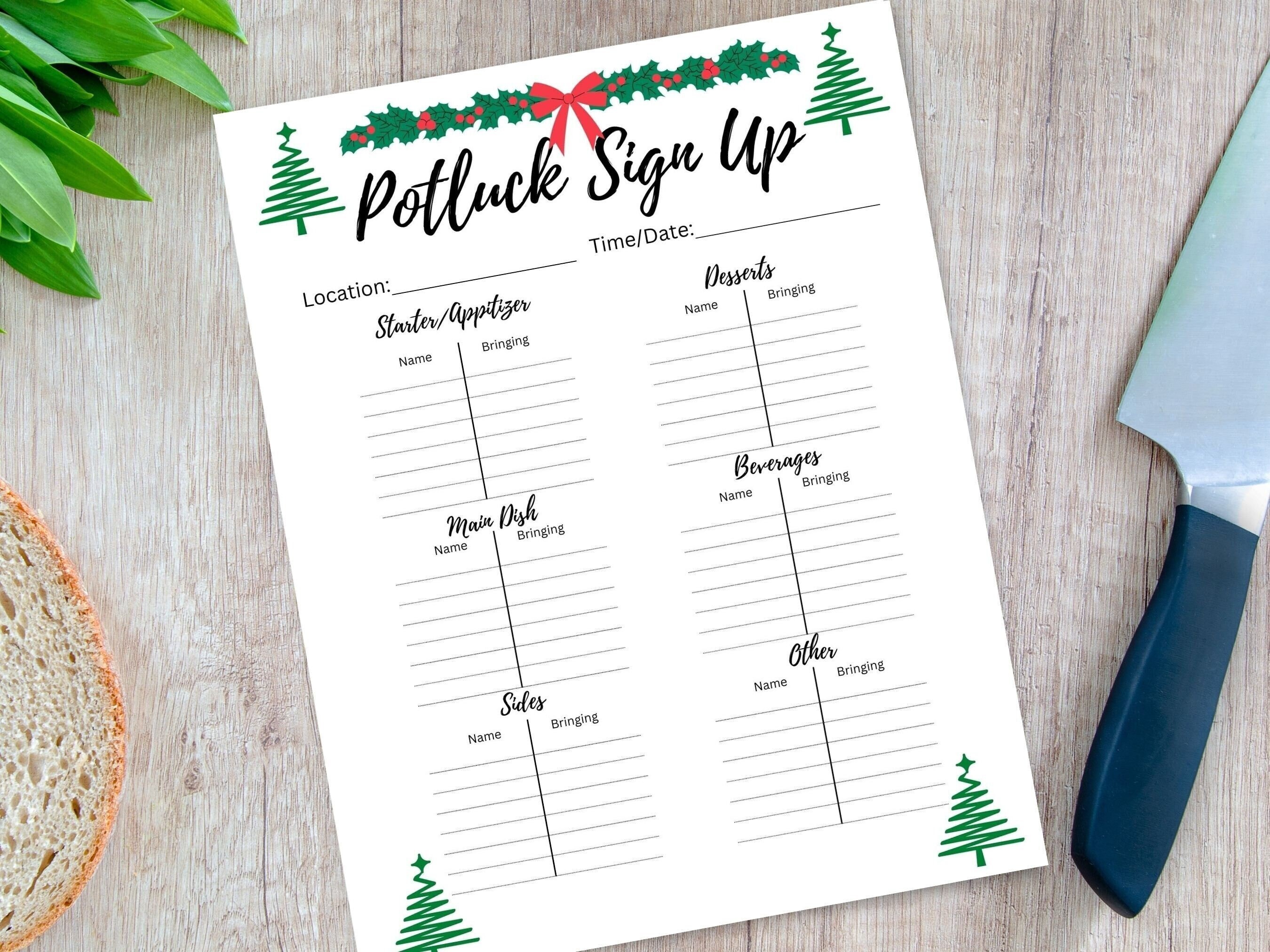 Potluck Sign-up, Office Potluck, Holiday Printable Potluck Sign-up ...