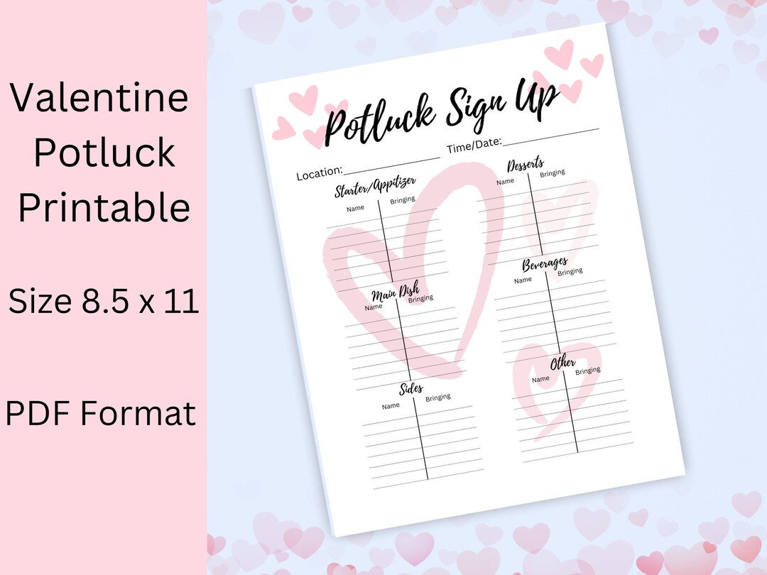 Potluck Sign-up, Office Potluck, Valentine's Day Sign up Sheet, Print ...