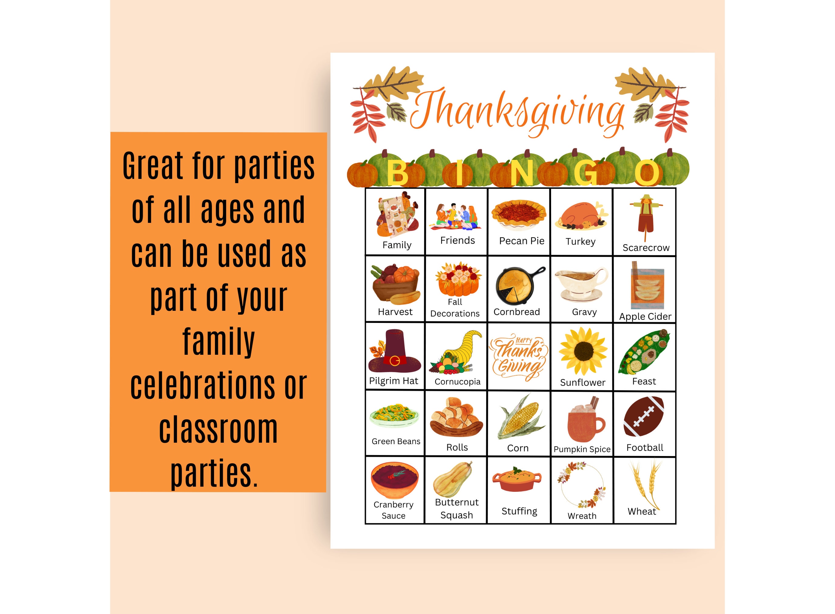 Thanksgiving Bingo Printable, Fall Party Games, Thanksgiving Activity ...