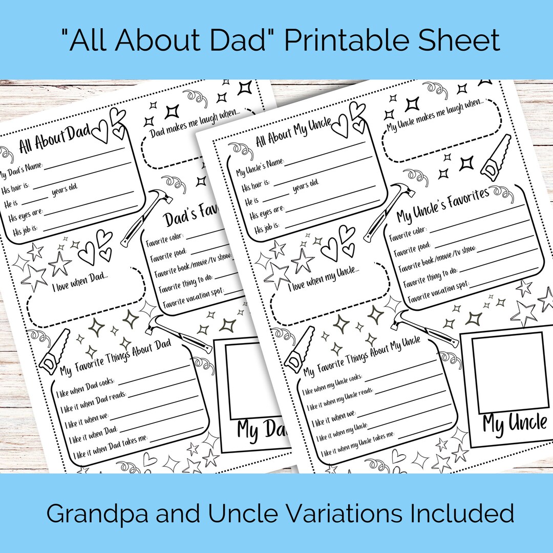 All About Dad Printable, Father's Day Craft, Kids Gift for Grandpa ...