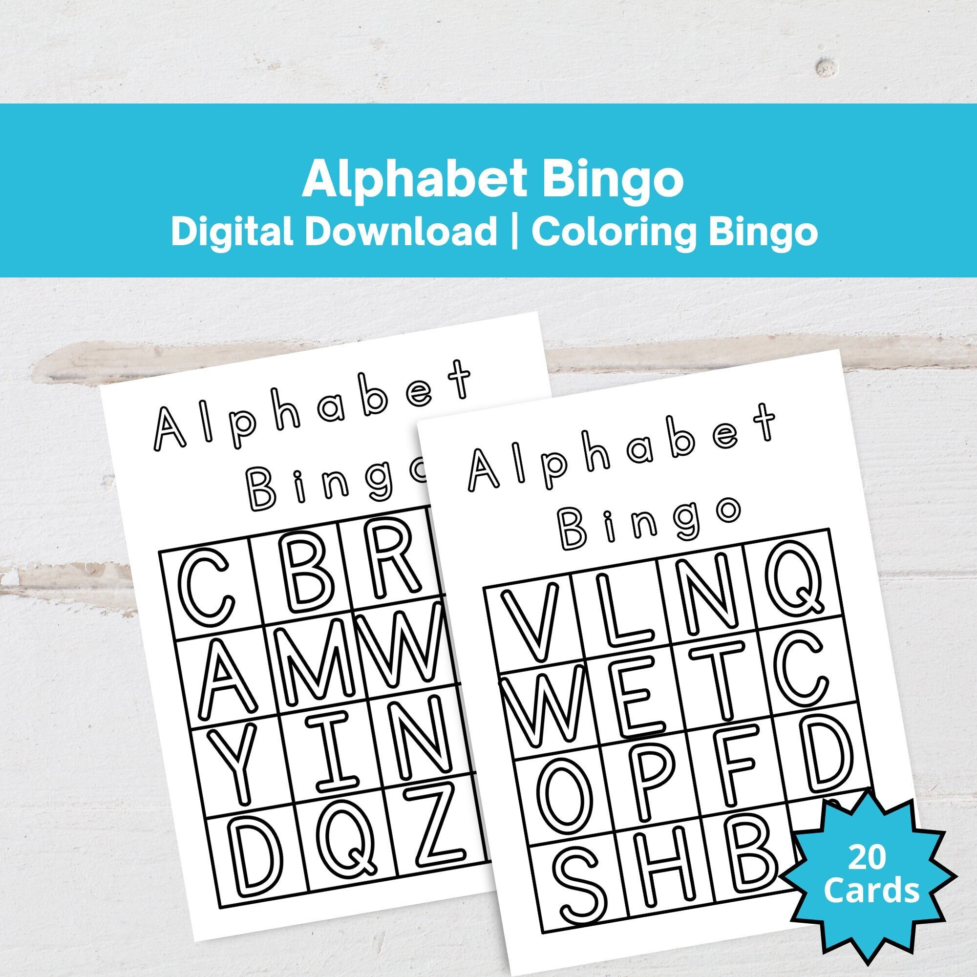 Alphabet Printable Bingo Game, Preschool, 20 Cards, Letter Activities ...