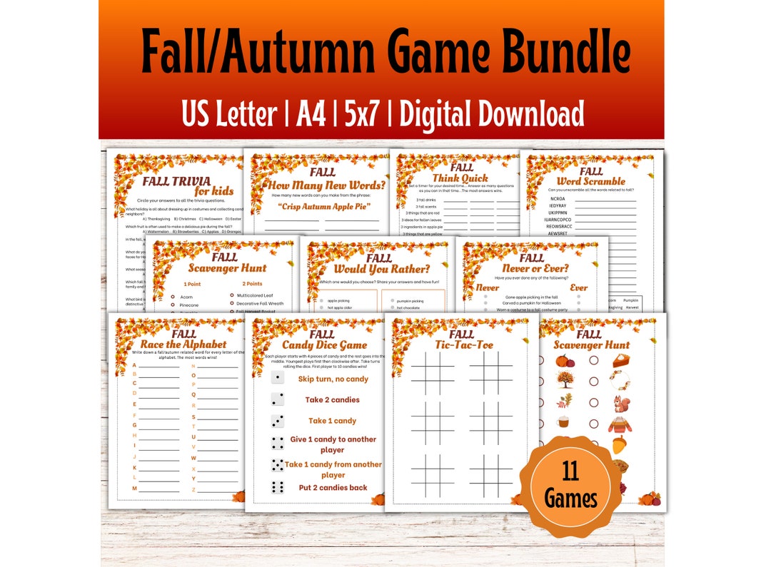 Fall Game Bundle, 11 Printable Games, Autumn Game Bundle, Fall Games ...