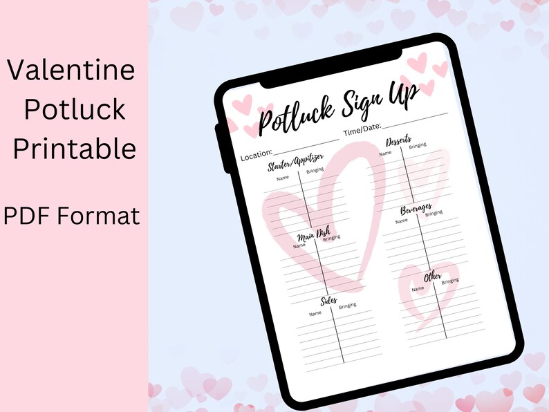 Potluck Sign-up, Office Potluck, Valentine's Day Sign up Sheet, Print ...
