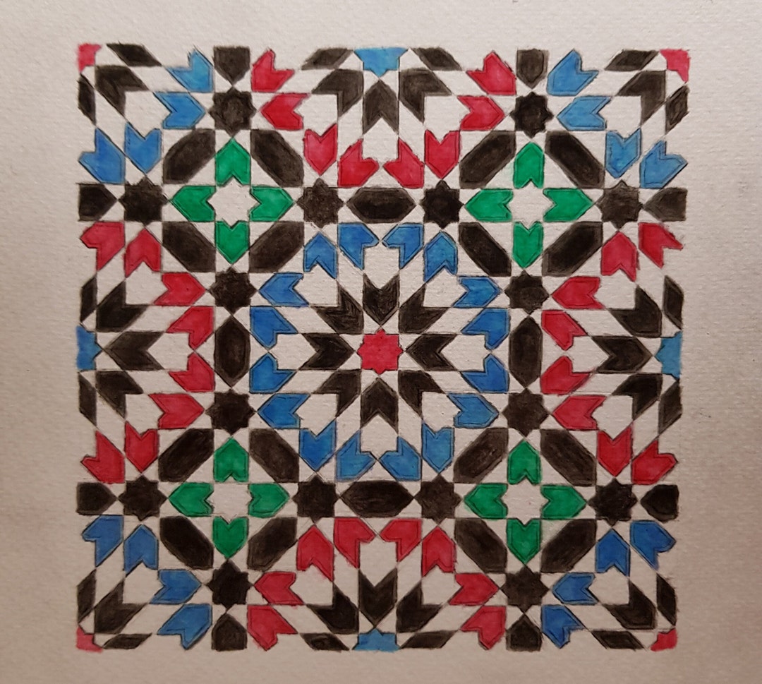Red, Blue, Green and Black Zellij Pattern in Varnished Acrylics (A4) - Etsy