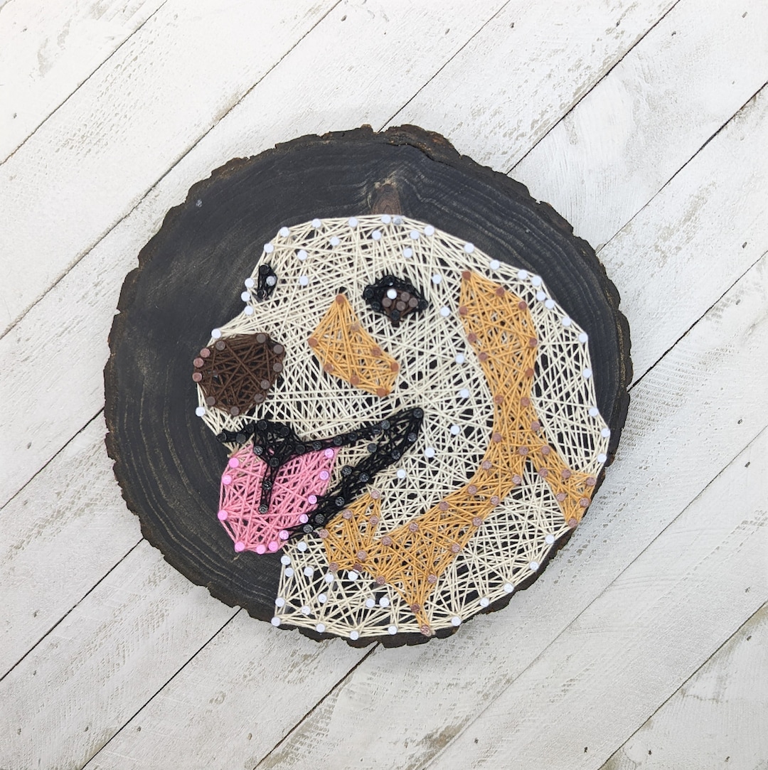 Golden Retriever String Art on Wood Slice - Boho Dog Wall Decor - Etsy