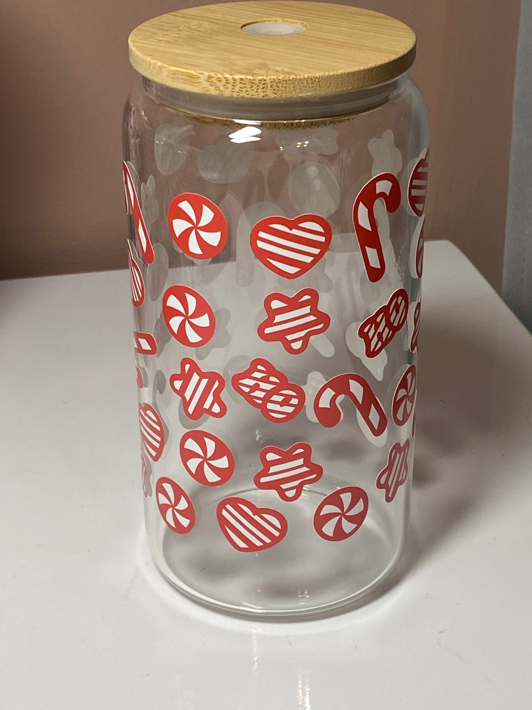 Ho Ho Ho, Candy Canes, and Hearts Glass With Straw and Lid, 16 Oz Libby ...