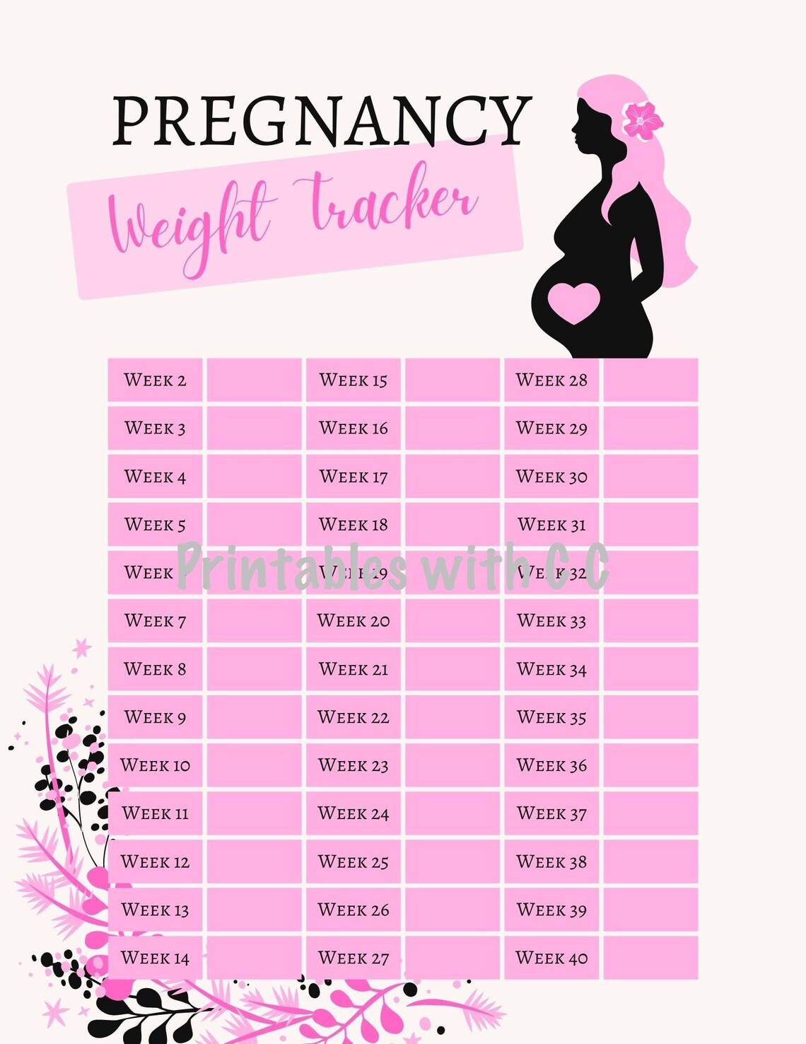 DIGITAL DOWNLOAD, Pregnancy Weight Tracker Weekly, Pink, Baby Girl ...
