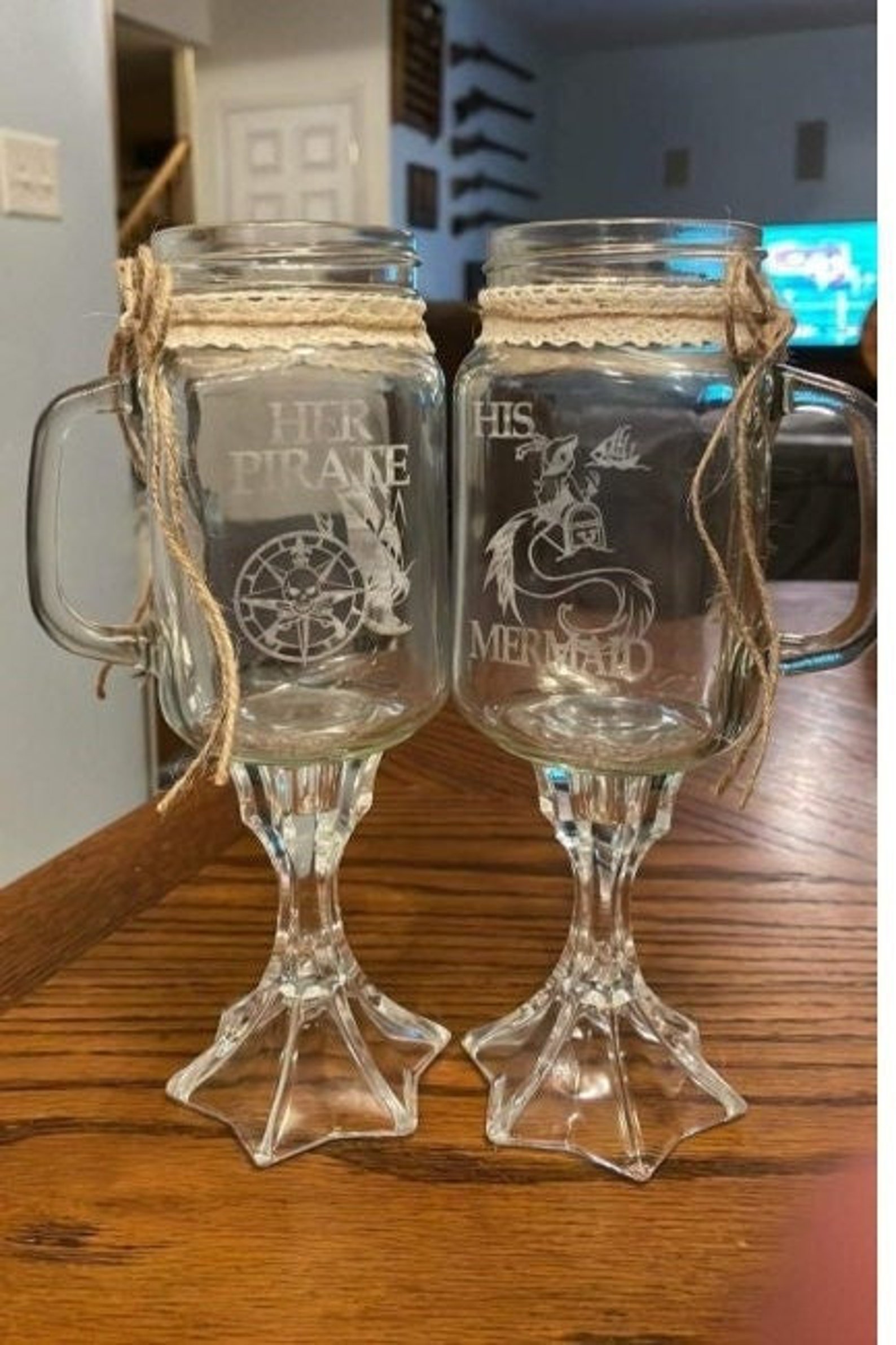 2 Mason Jar MUG Wine Glass Her Pirate His Mermaid Personalized Etched ...