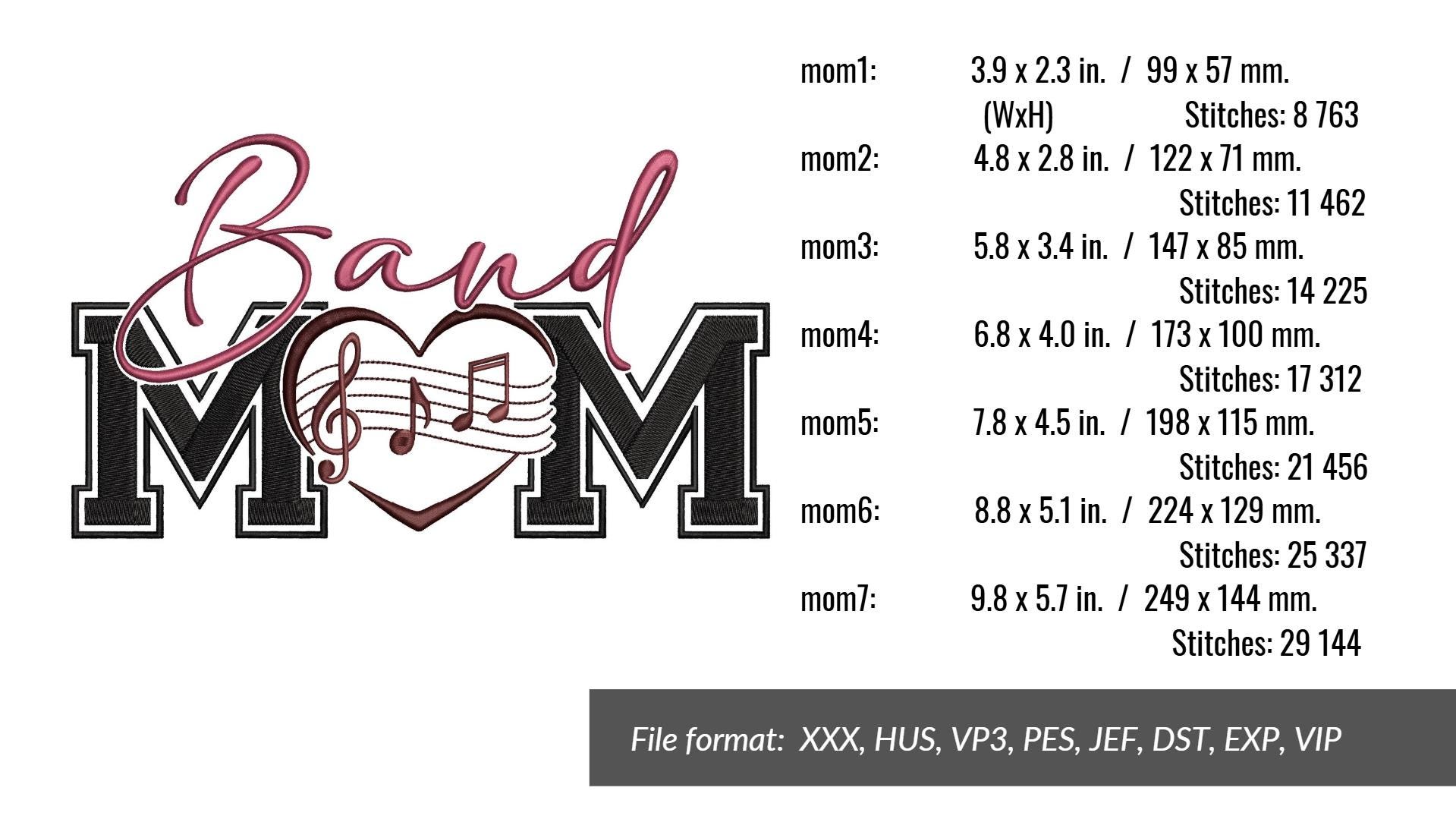 Band Mom Embroidery Design 7 Sizes. Music Heart Treble Clef Notes ...