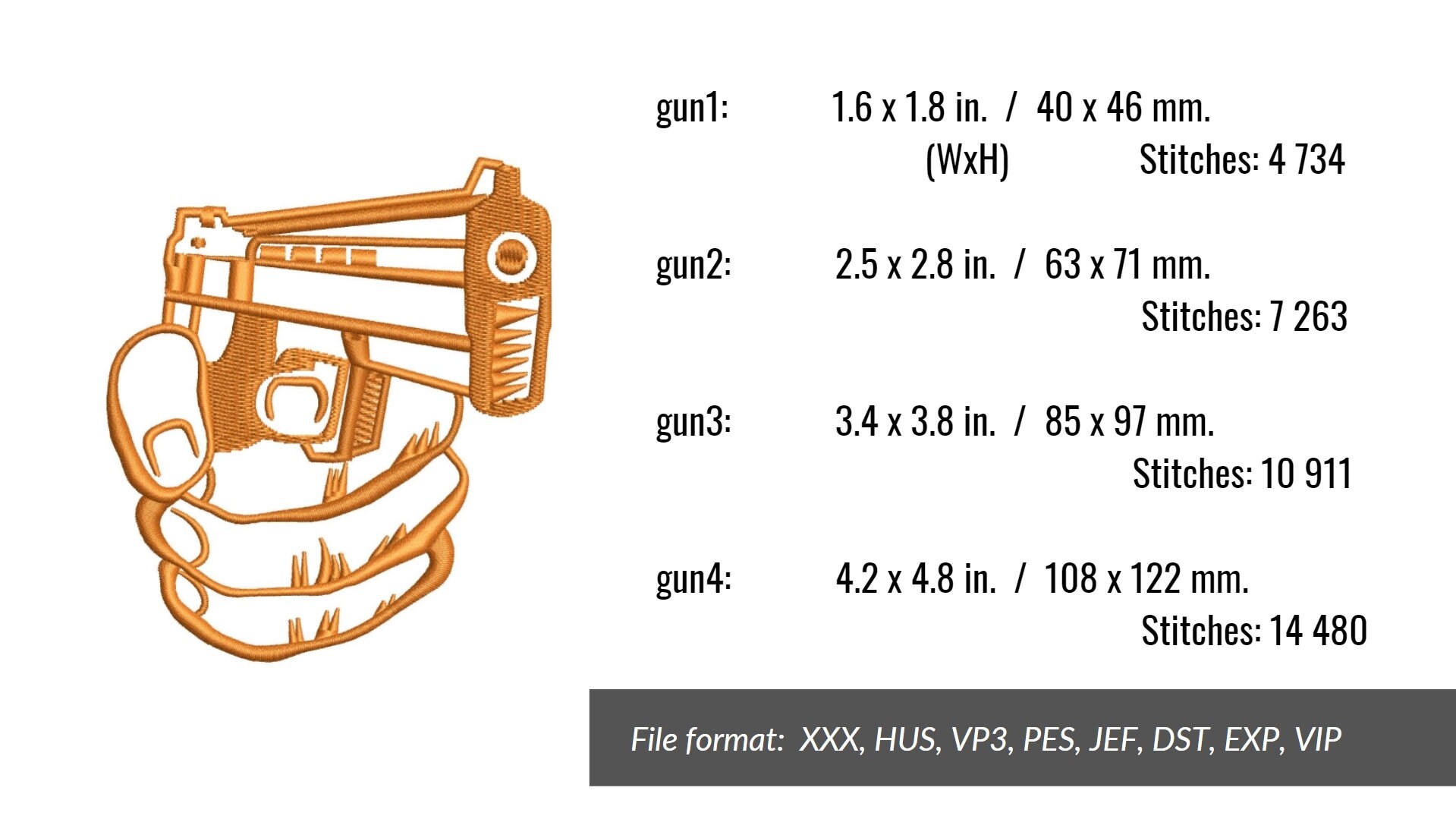 Gun in Hand Machine Embroidery Design. 4 Sizes. Weapon Embroidery ...