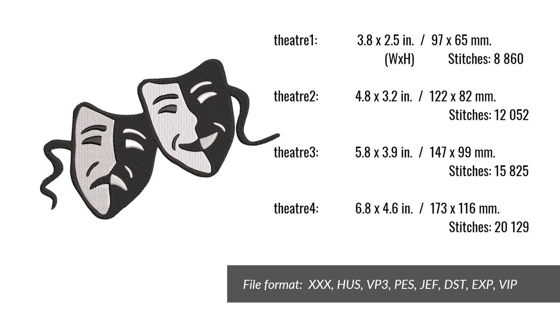 Theatre Machine Embroidery Design. 4 Sizes. Theatrical Masks - Etsy