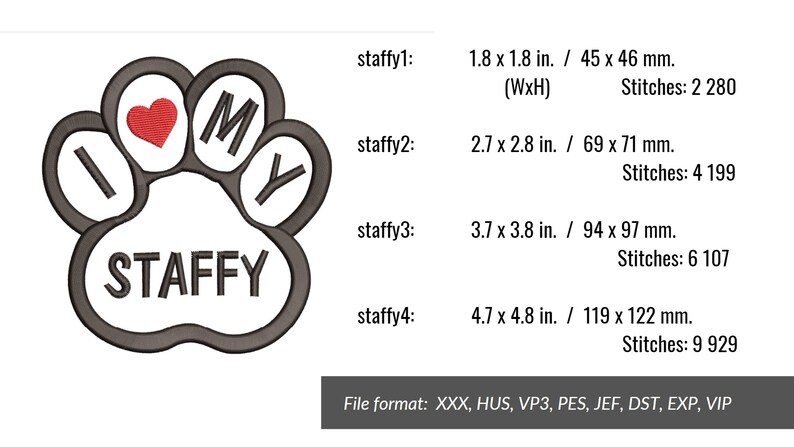 I Love My Staffy Machine Embroidery Design. 4 Sizes. Paw Embroidery ...