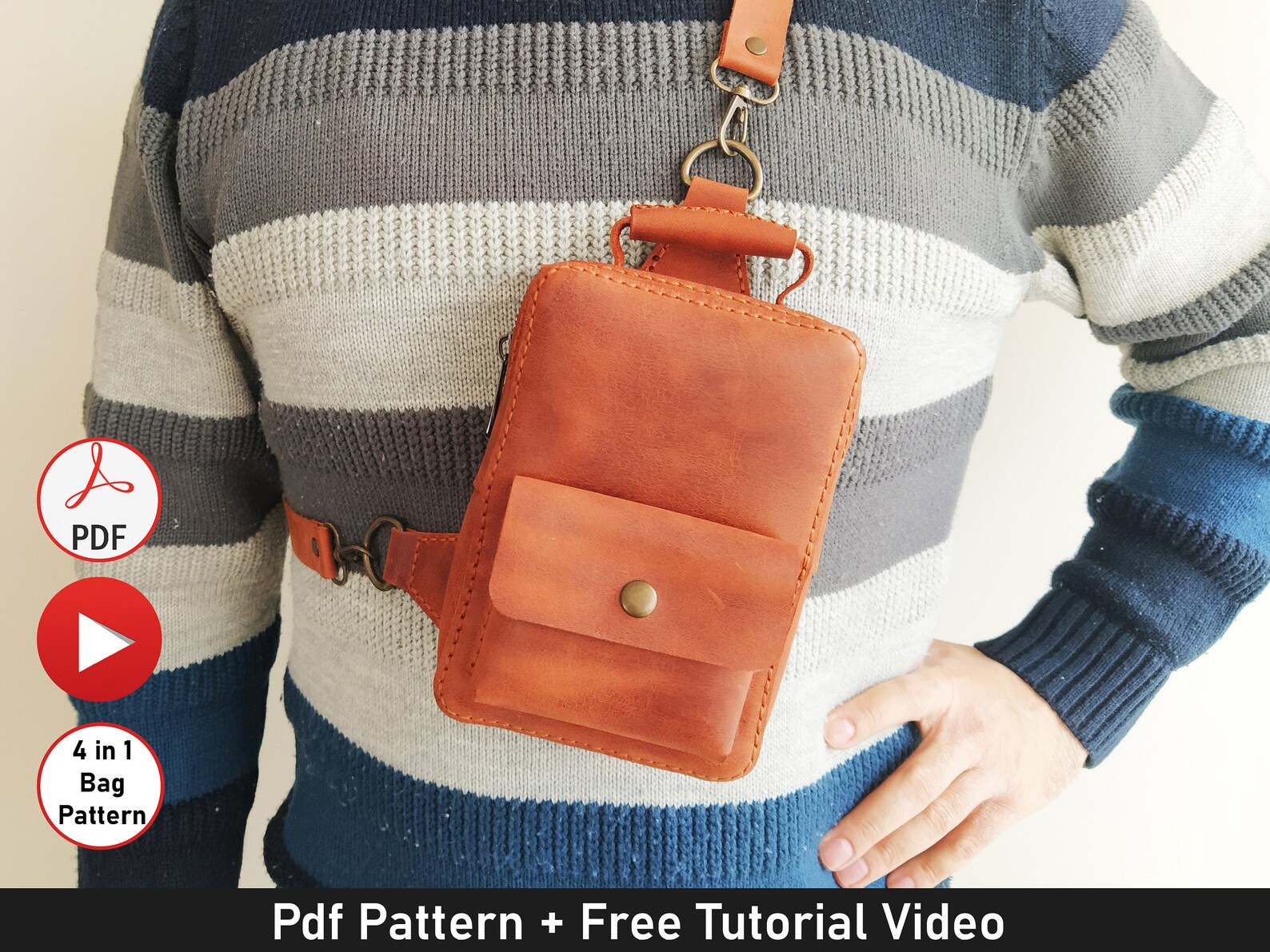 Men Leather Sling Bag Pattern With Video Tutorial, Crossbody Sling Bag ...