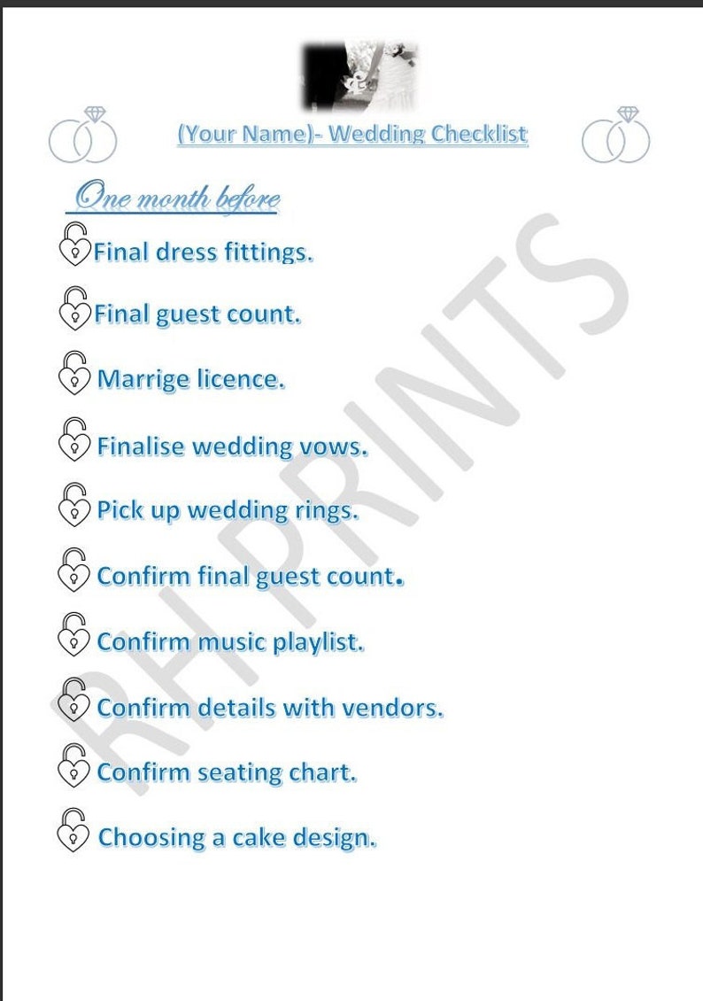 1 Month Before Wedding Check List. - Etsy