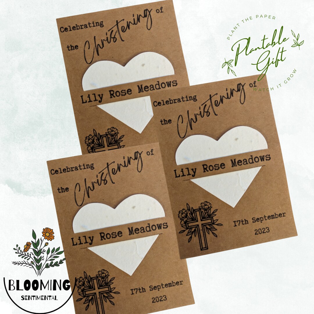 Christening Favours. Seed Paper Heart Christening Day Thank You. Plantable Personalised Cards ...