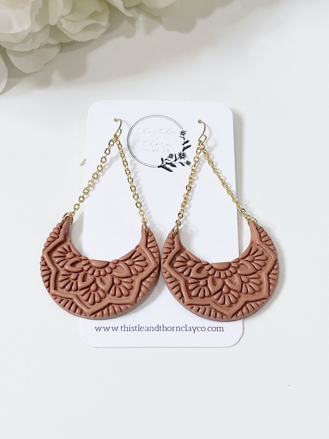 Terracotta Pink Mandala Crescent Moon Dangles Handmade Polymer Clay