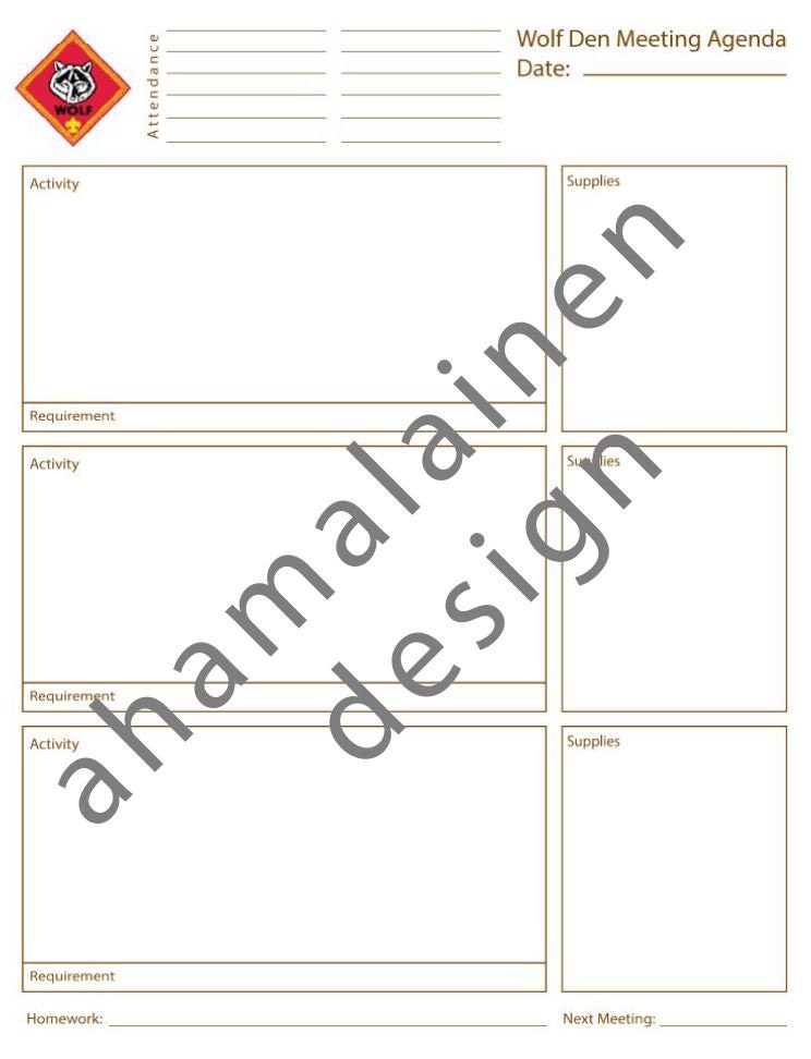 Cub Scout Wolf Den Meeting Agenda Template - Etsy