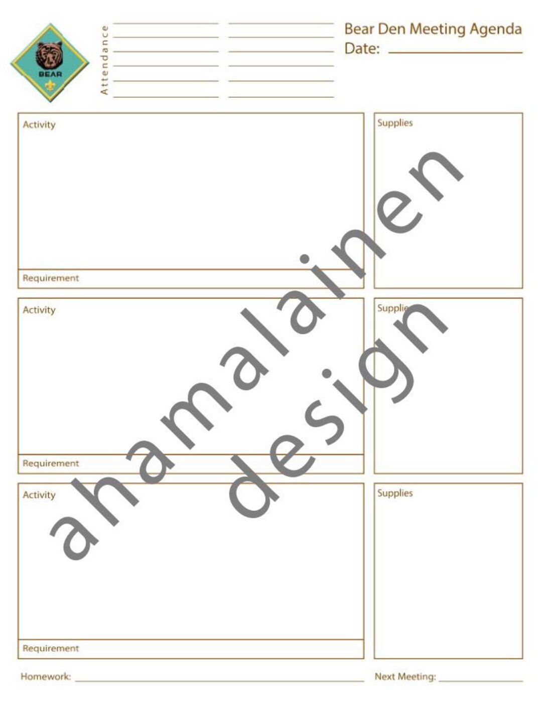 Cub Scout Bear Den Meeting Agenda Template - Etsy