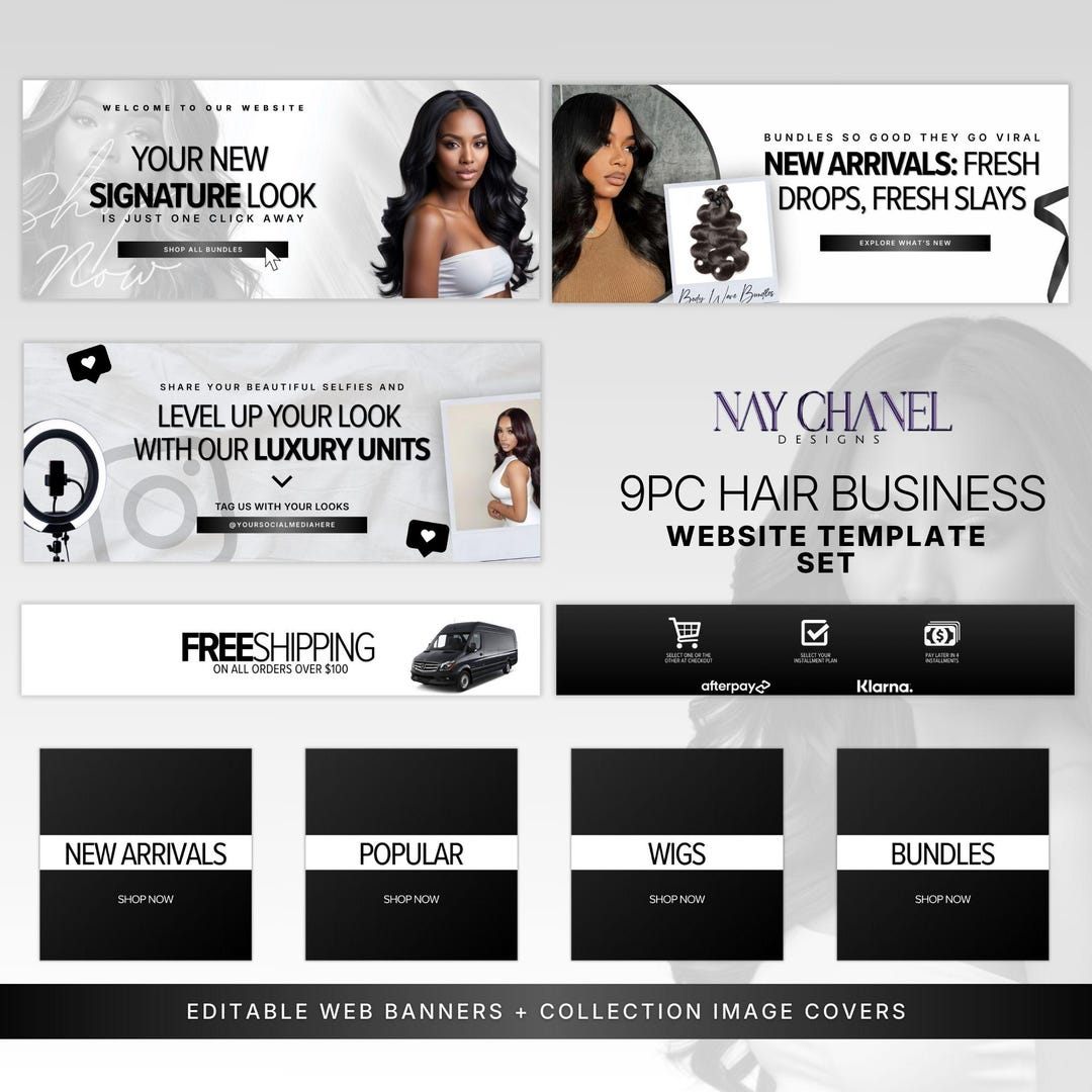 Hair Website Template Set for Hair Extensions and Wigs - Branding ...