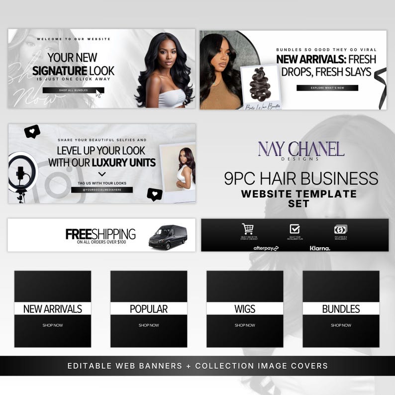 Hair Website Template Set for Hair Extensions and Wigs - Branding ...