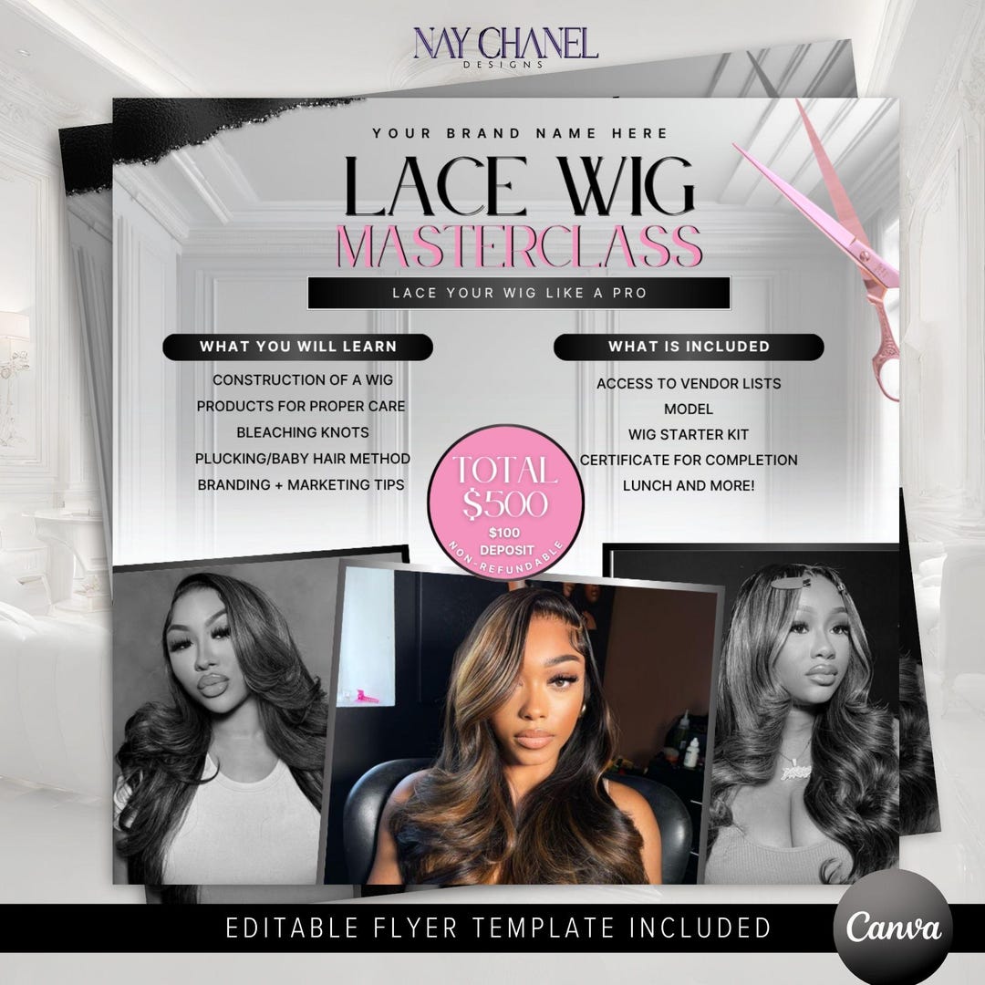 Wig Install Training Flyer | Lace Wig Class Promo Canva Template ...