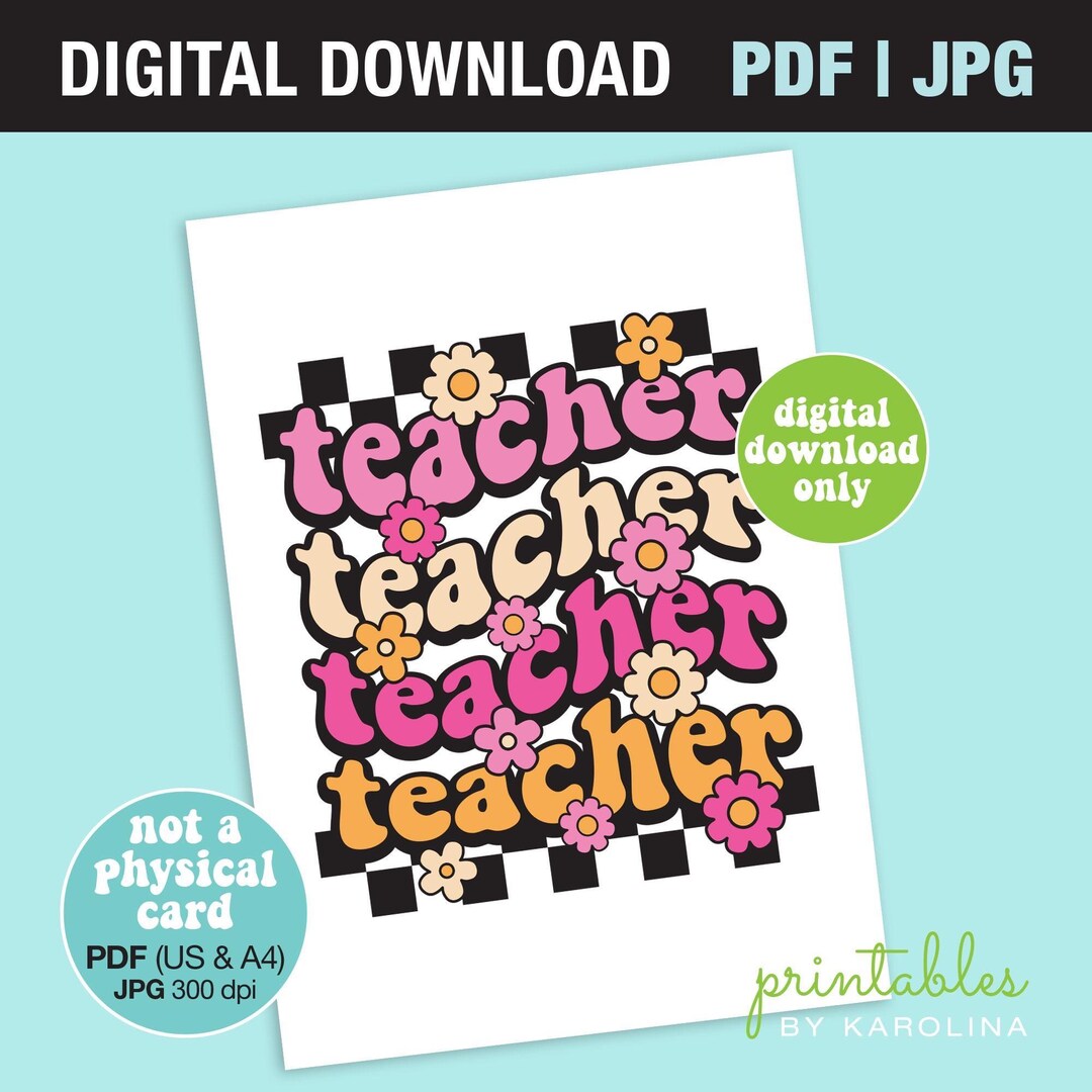Retro Teacher Card Printable Pdf Digital Download School 70s Style ...