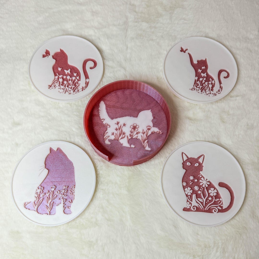 Cat and Flowers Coasters | 3D Printed Coasters | Animal Coasters - Etsy