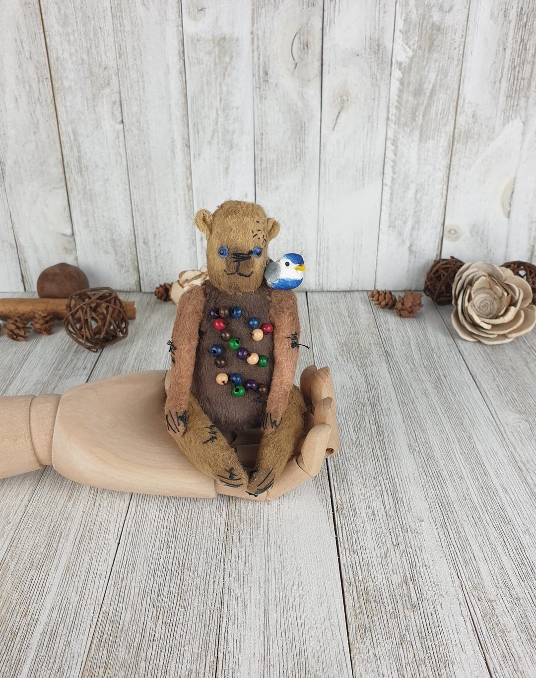 Charming, Bright Teddy Bear With Beads and a Bird on the Shoulder, Size ...