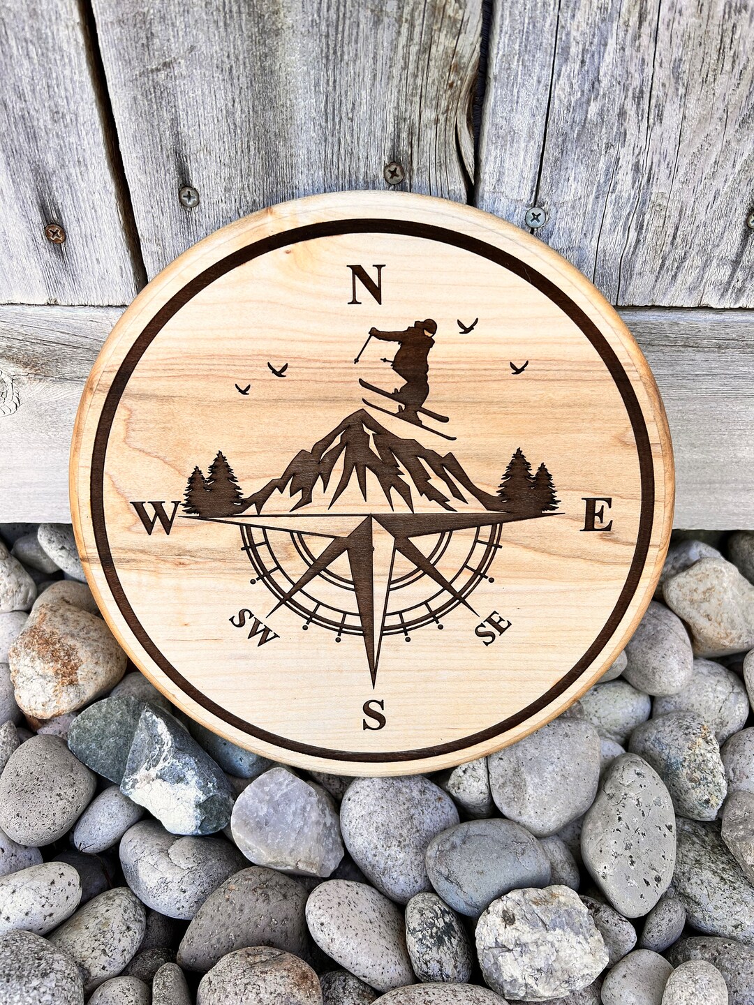 Compass With Skier Wooden Sign | Customizable Wood and Edge Options - Etsy