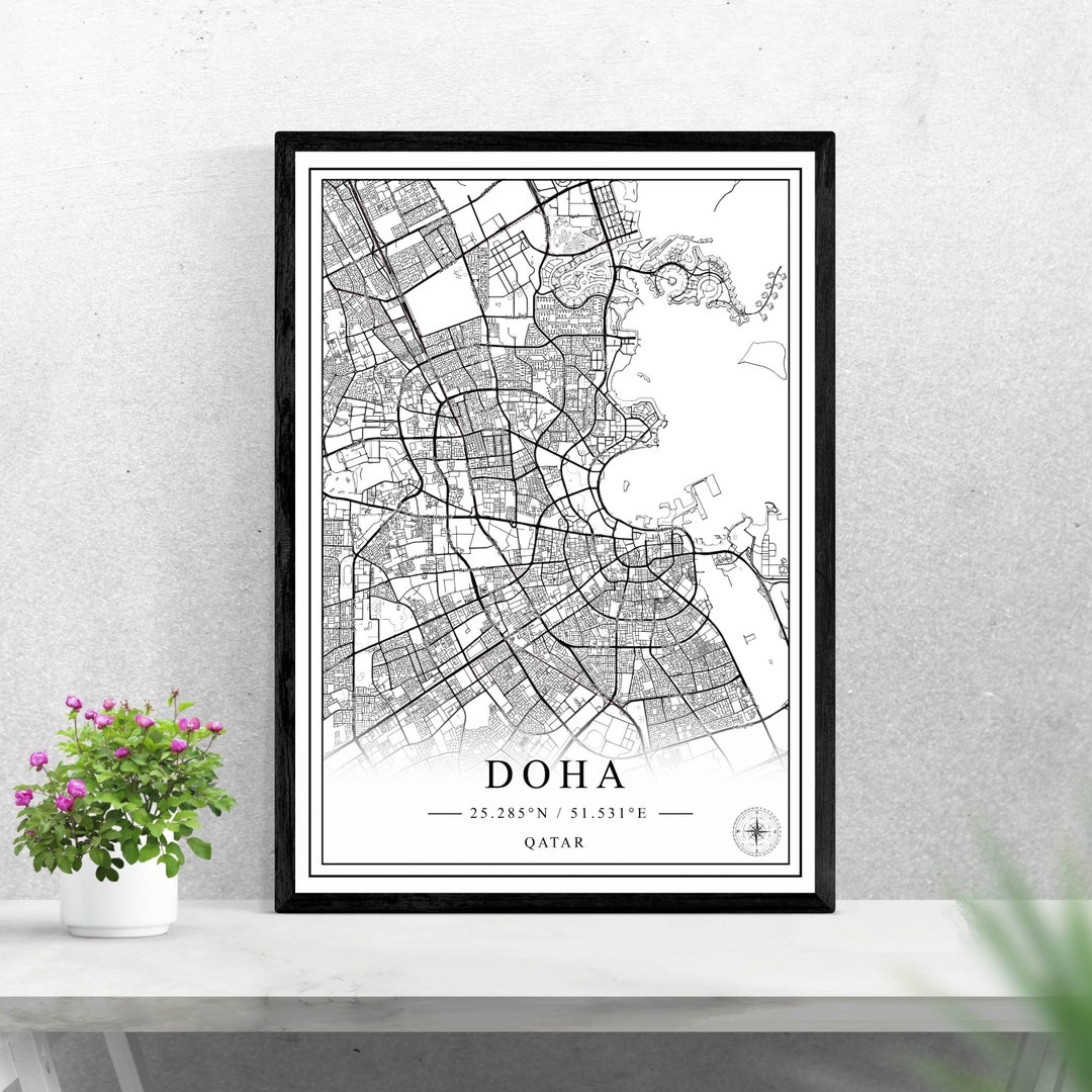 Doha City Map Digital Download Black and White Print Design of Qatar ...