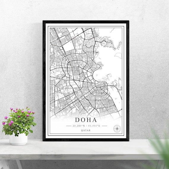 Doha City Map Digital Download Black and White Print Design of - Etsy